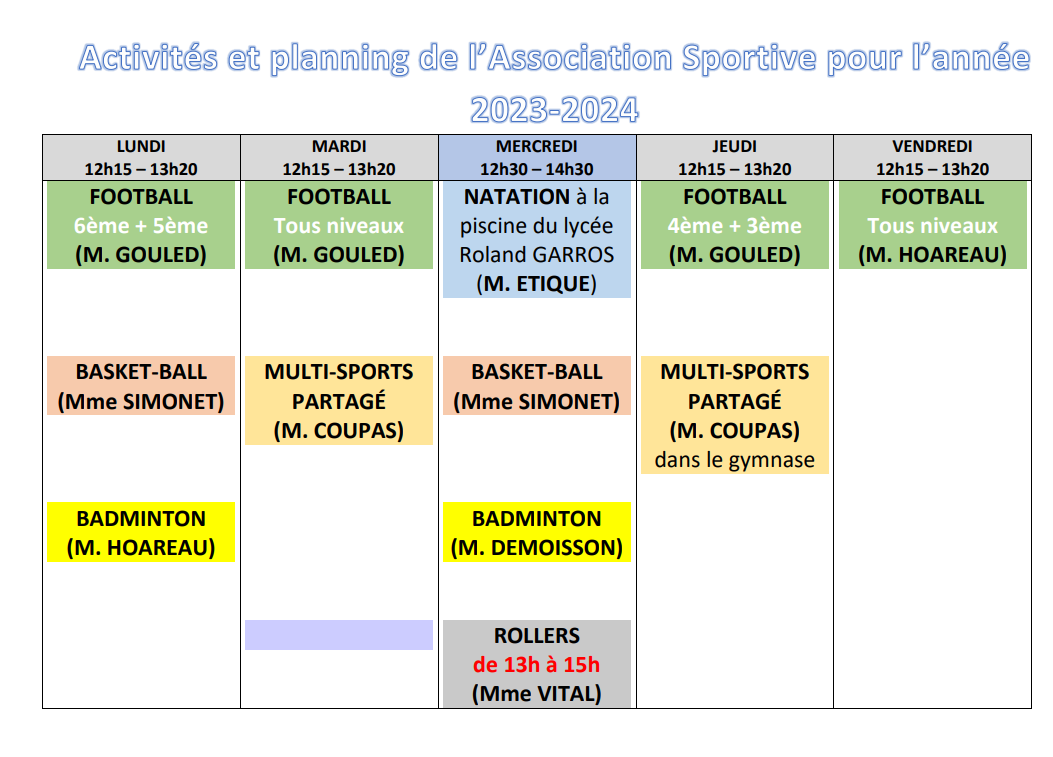 Planning des activités de l’association sportive | Collège du 14ème Km