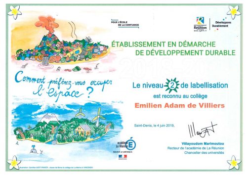 Le Collège a obtenu l’éco-label E3D – Collège Emilien Adam de Villiers