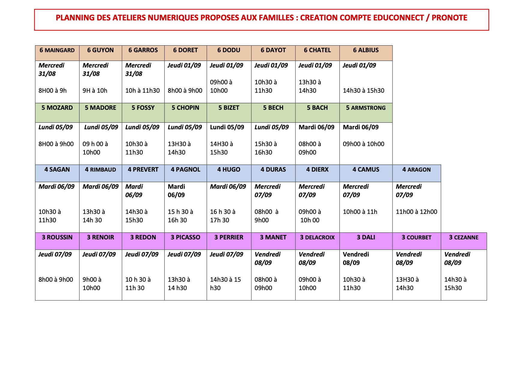 Planning des ateliers informatique pour les parents_2022 | Collège de ...