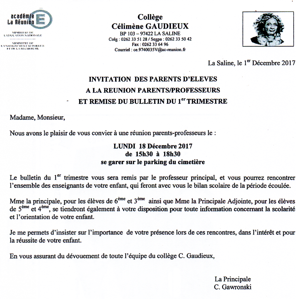 invitation des parents – Collège Célimène Gaudieux