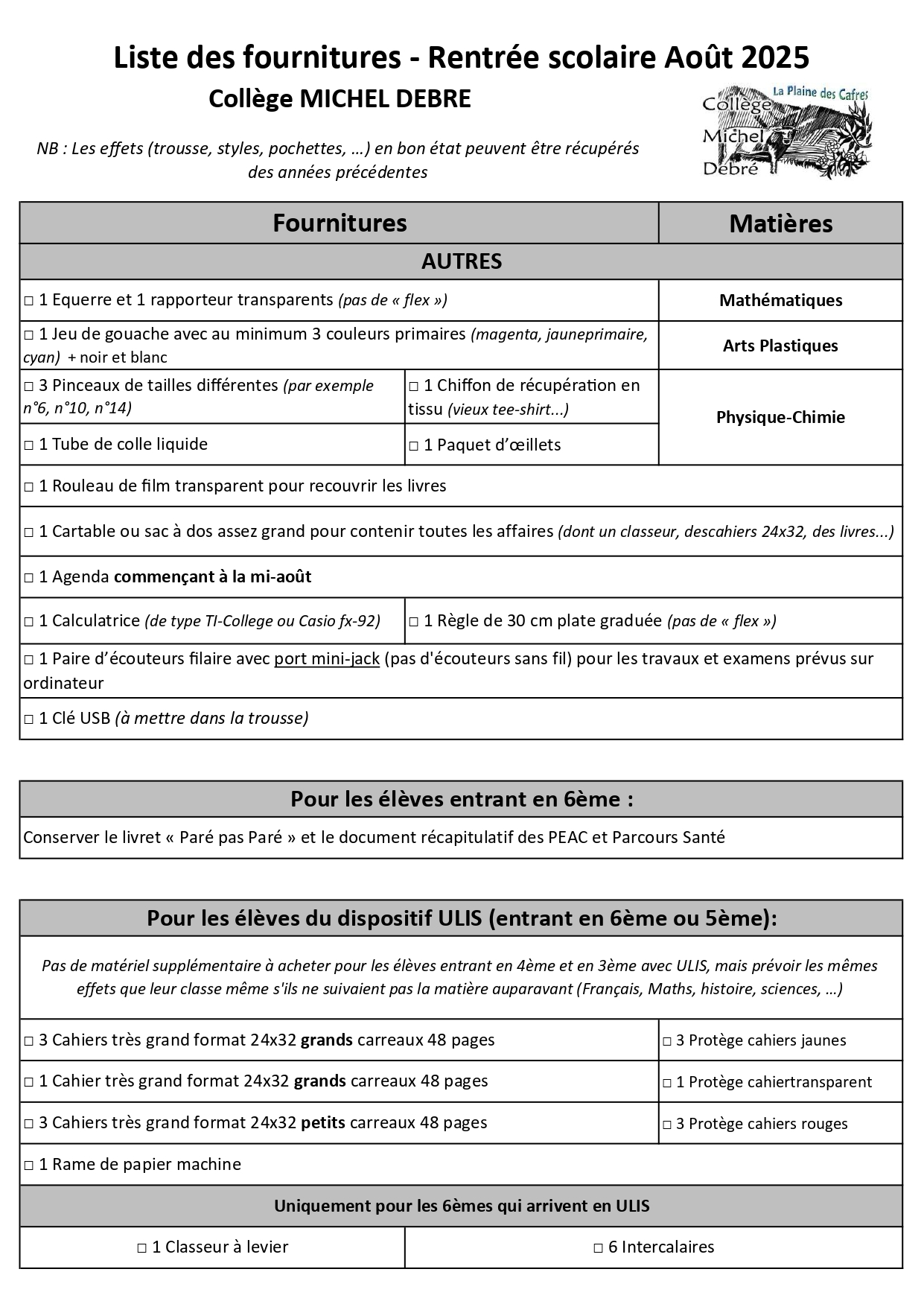 Fournitures scolaires 2025-2026 | Collège Michel DEBRE