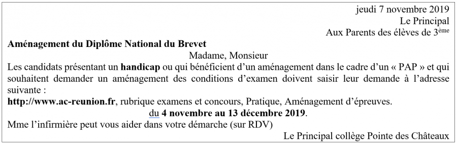 Aménagement du Diplôme National du Brevet – Collège Pointe des Châteaux