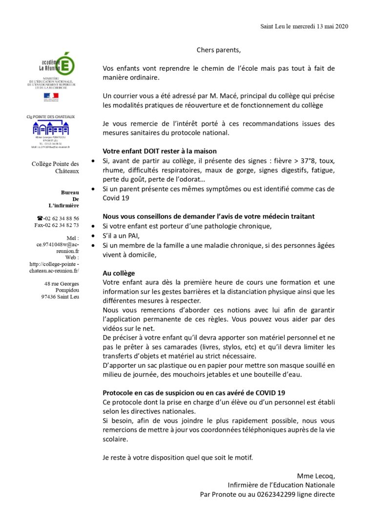 Lettre parents – Collège Pointe des Châteaux