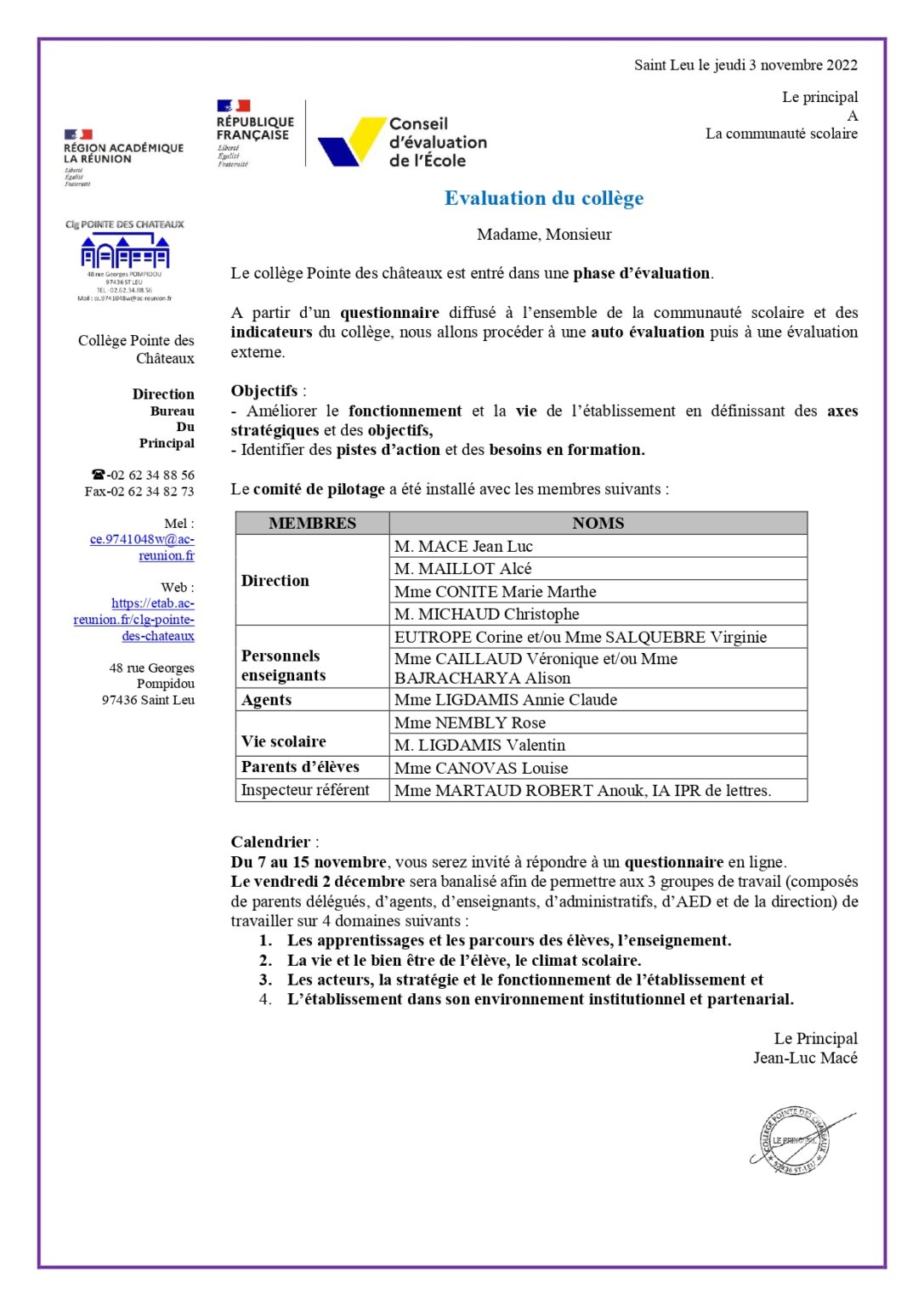 Évaluation du collège – Collège Pointe des Châteaux