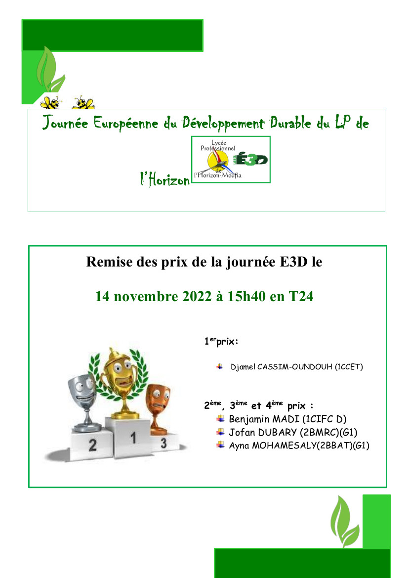 Remise des prix E3D | lycee Albert Ramassamy