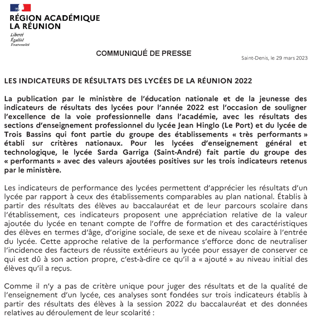 Indicateurs de résultats des lycées de la Réunion 2022 | Lycée Jean Hinglo