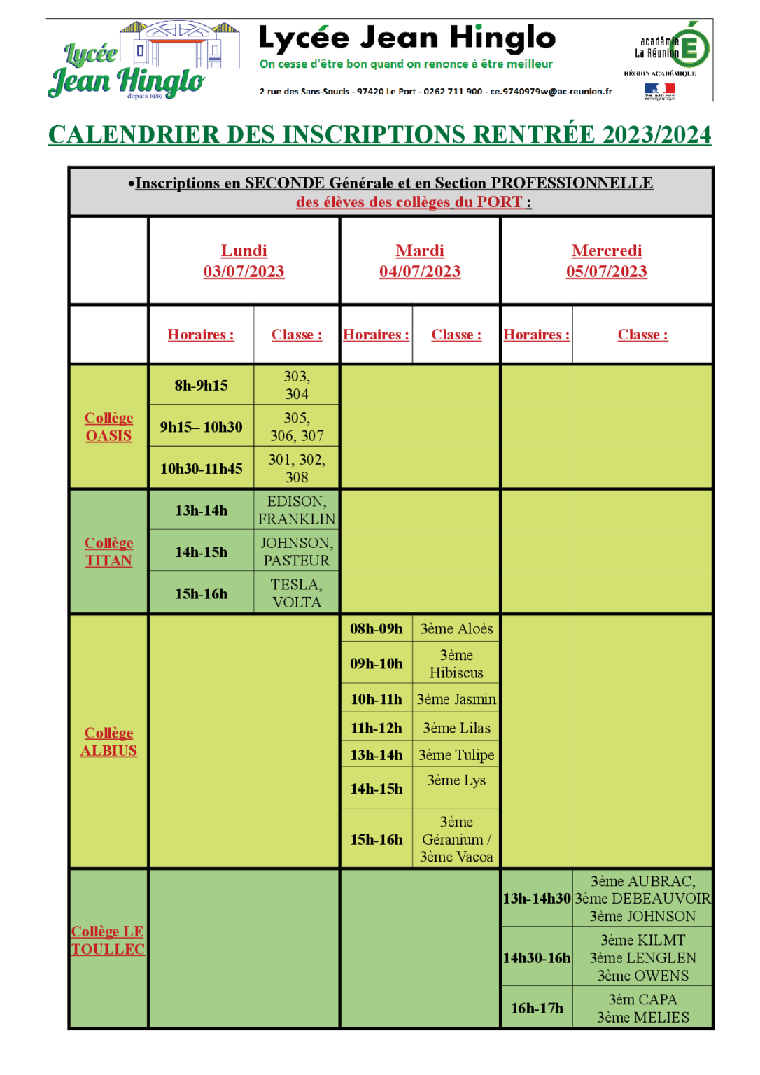 Calendrier des inscriptions pour la rentrée 2023/2024 | Lycée Jean Hinglo