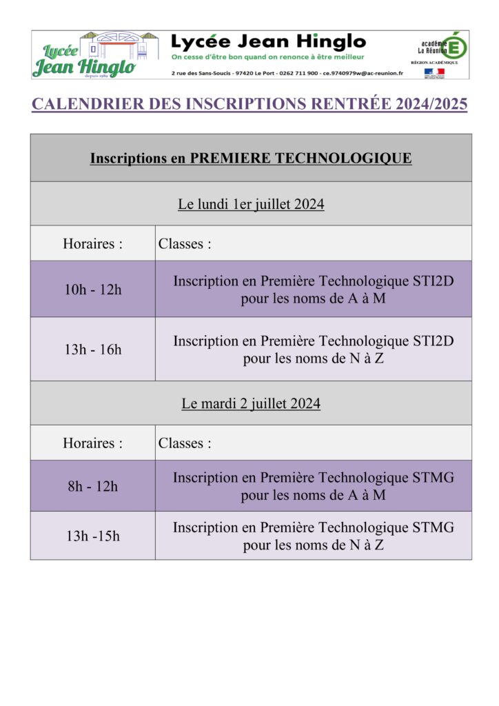 Calendrier des inscriptions pour la rentrée 2024/2025 | Lycée Jean Hinglo