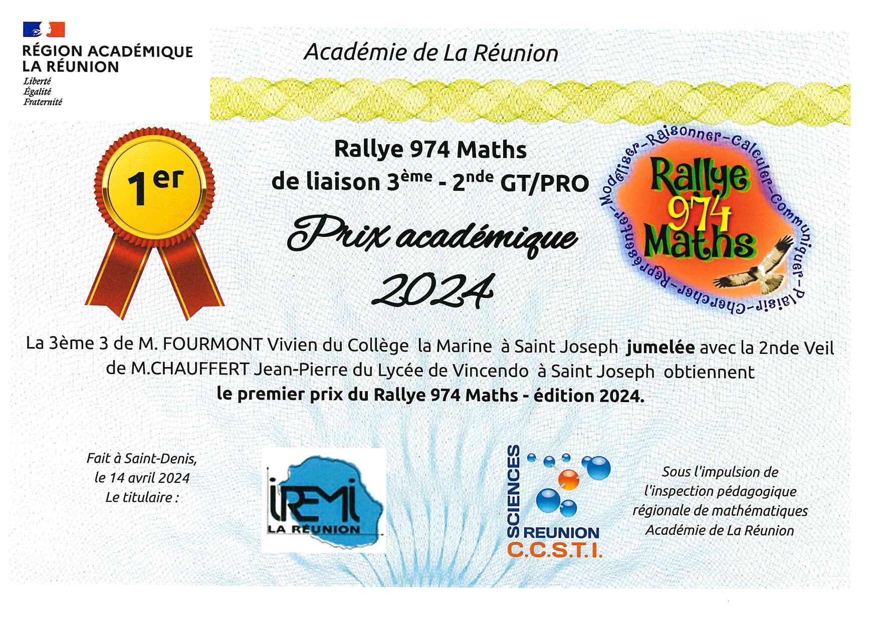 Rallye 974 Maths 2024 : 1er prix académique pour la 2nde VEIL de M ...